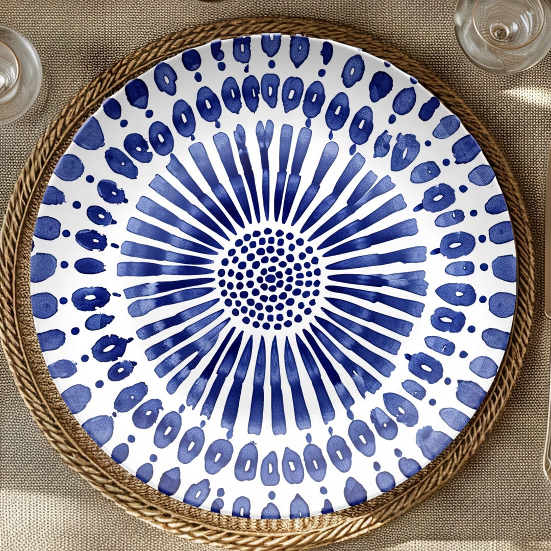 Blue Boho Summer Plates, 10" Round Dish, Indoor Outdoor Dinnerware ...