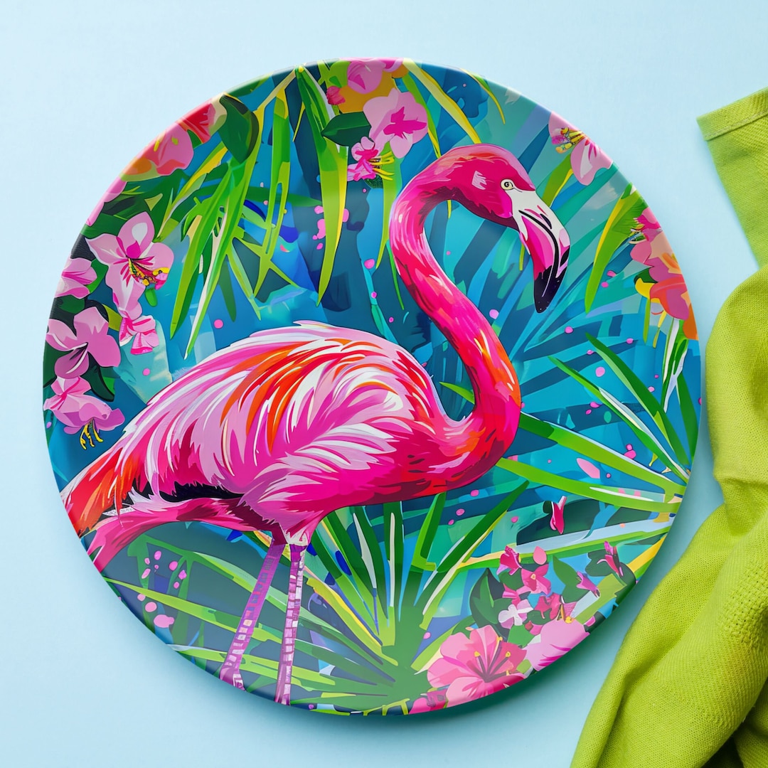 Pink Flamingo Plate Tropical Summer Dinnerware, Colorful Luau Tiki ...