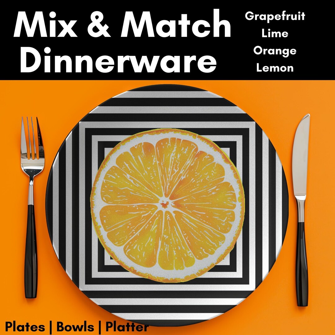 Summer Citrus Plate Set, Modern Black and White Tropical Outdoor ...