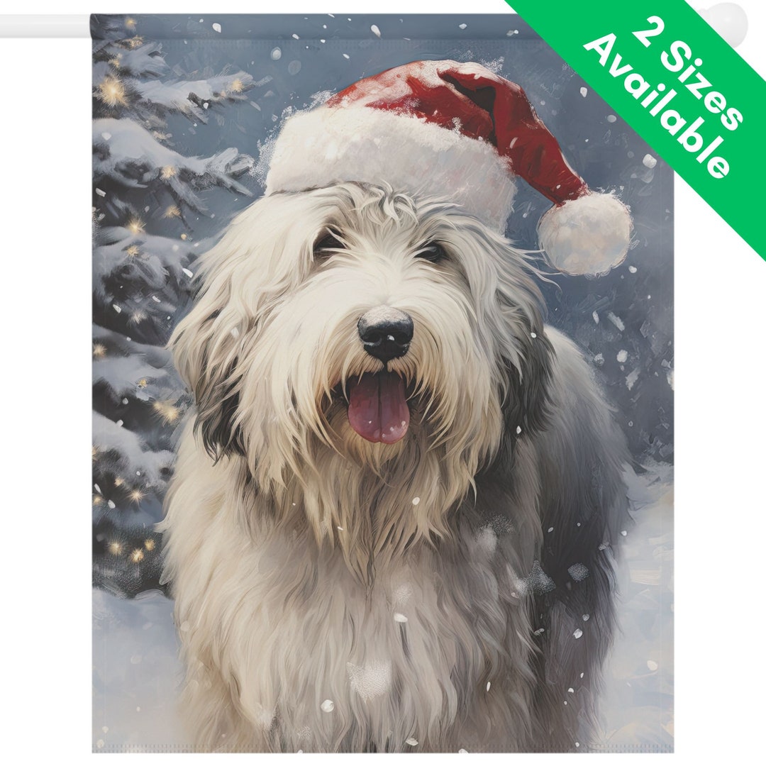 Old English Sheepdog Christmas Garden Flag, Santa Hat OES House Flag ...