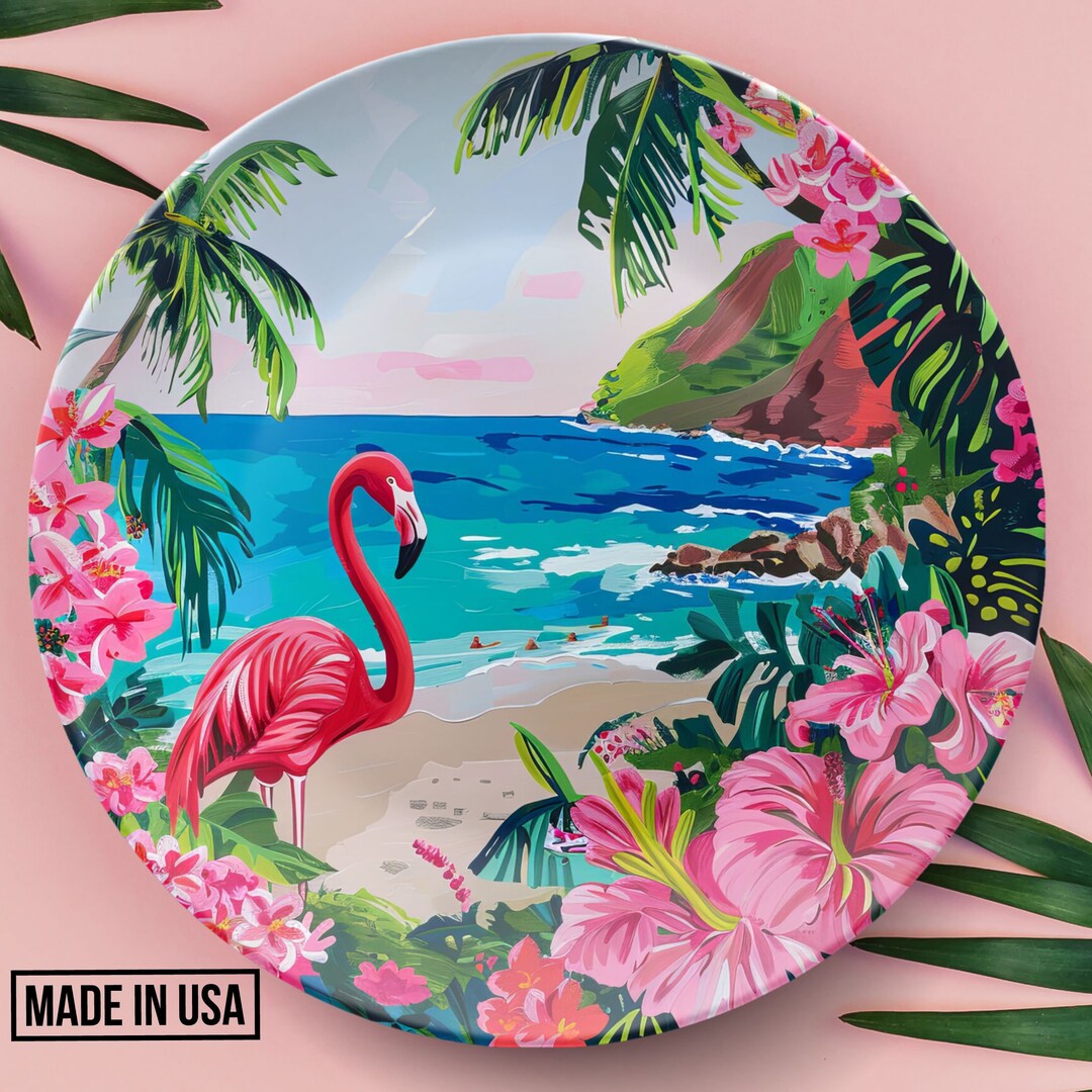 Pink Flamingo Plate Tropical Summer Dinnerware, Colorful Luau Tiki ...