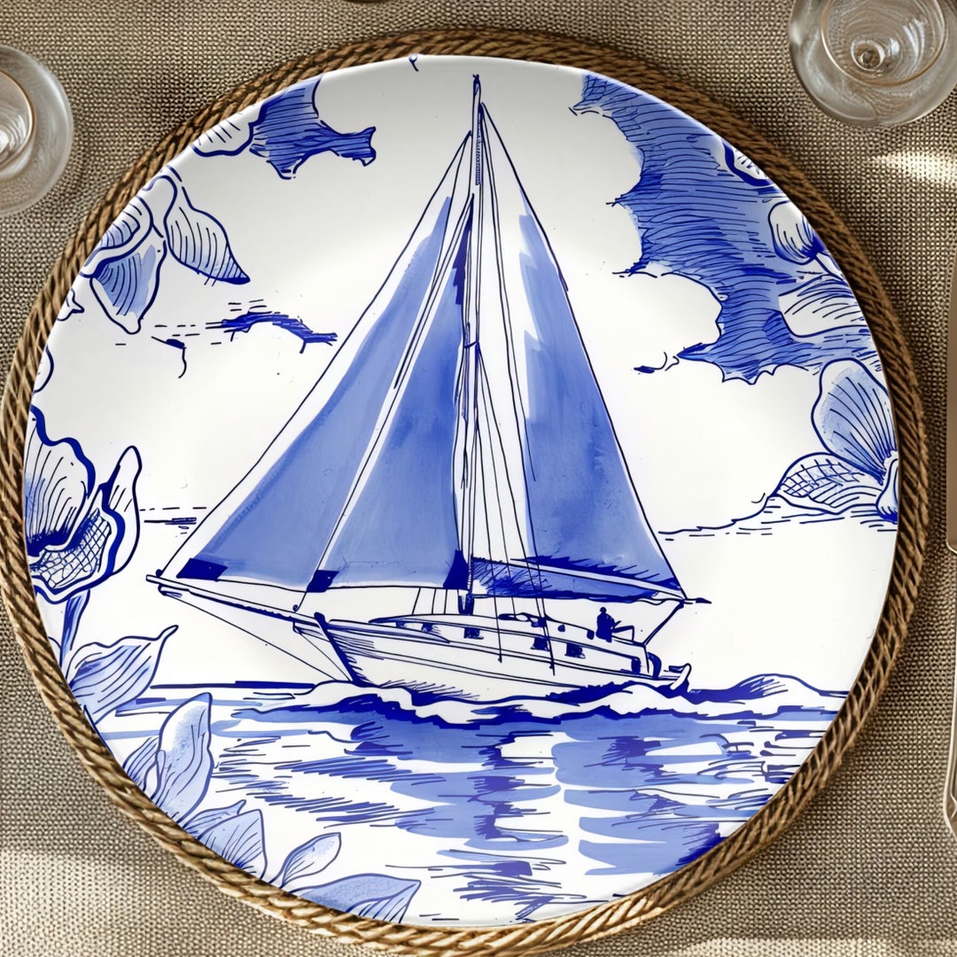 Blue Sailboat Plate Nautical Home Coastal Kitchen, Dinnerware Outdoor ...