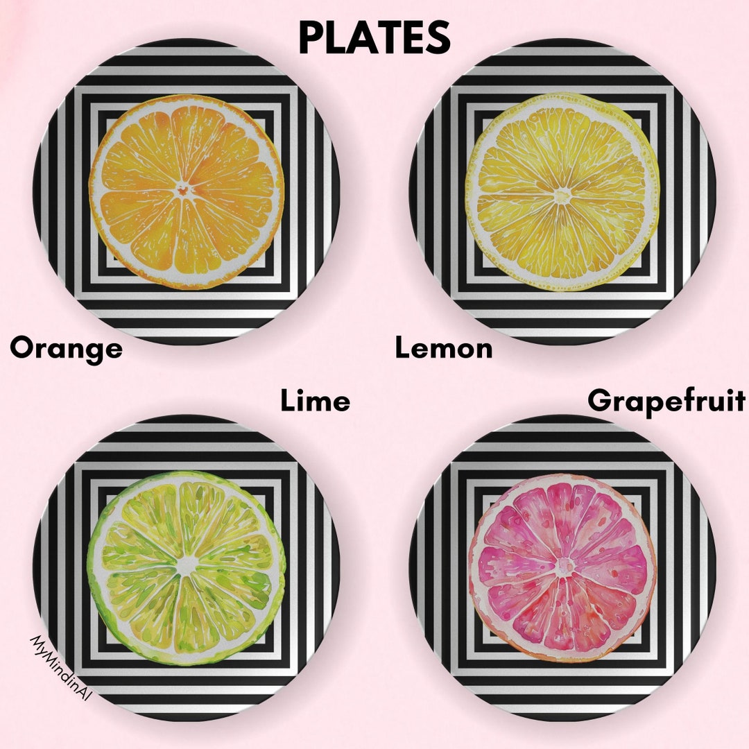 Summer Citrus Plate Set, Modern Black and White Tropical Outdoor ...
