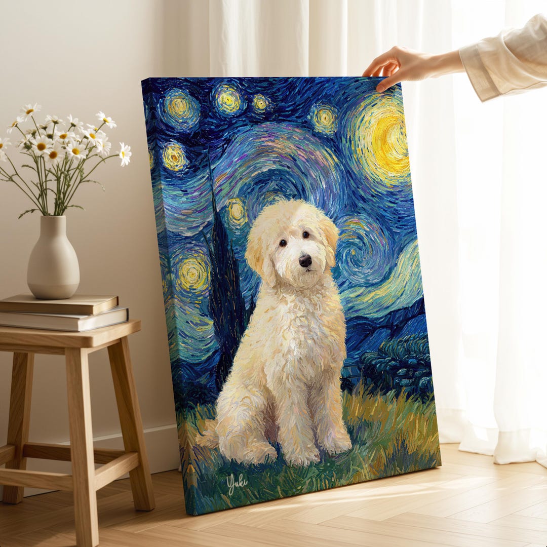 White Goldendoodle Wall Art Poster, Starry Night With Personalized Name ...