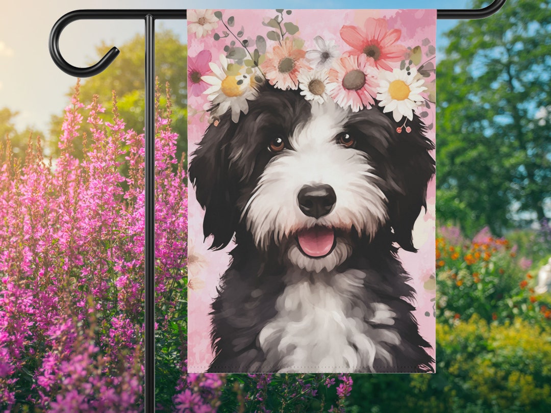 Sheepadoodle Wearing a Flower Crown Garden Flag | Summer Bernedoodle ...