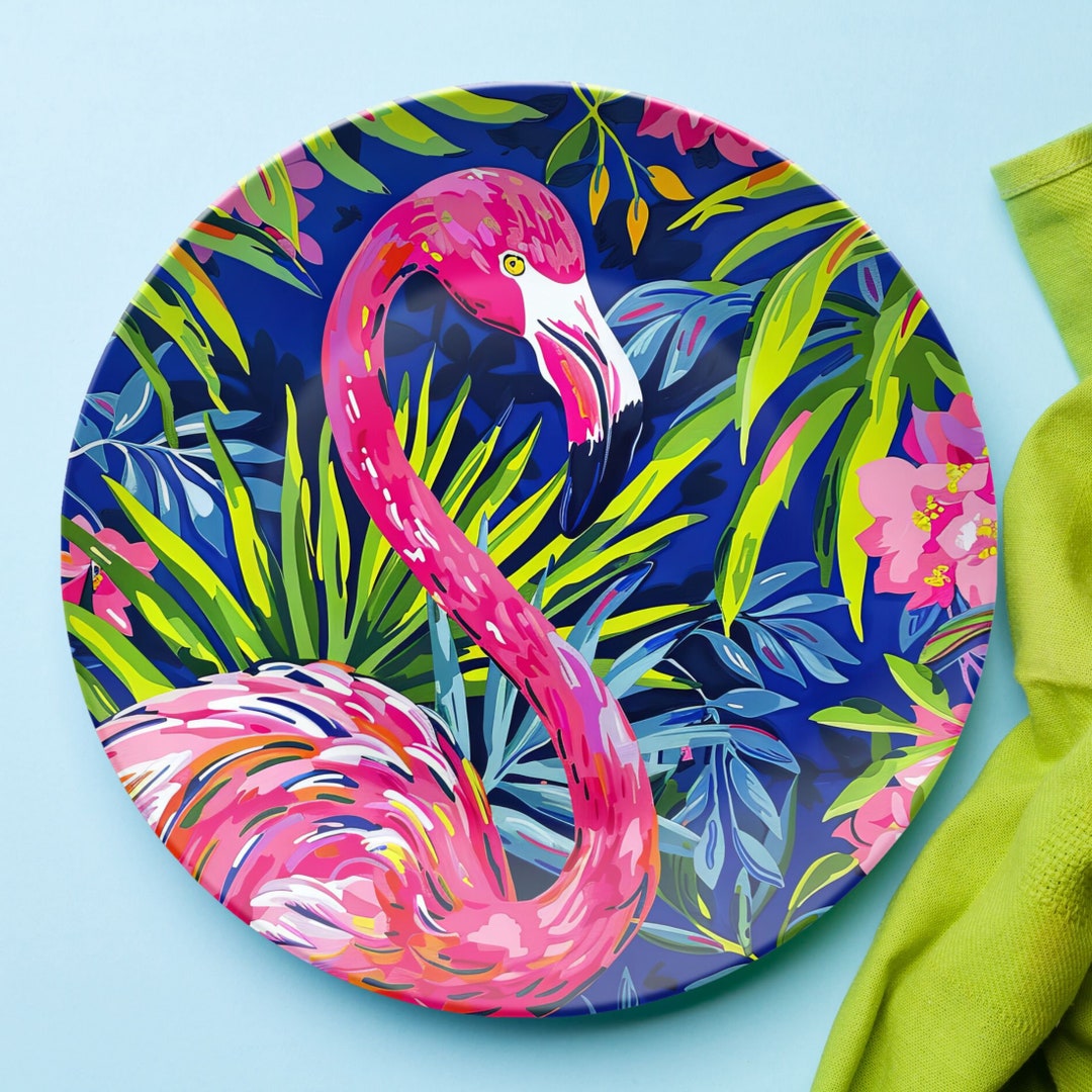 Pink Flamingo Plate Tropical Summer Dinnerware, Colorful Luau Tiki ...