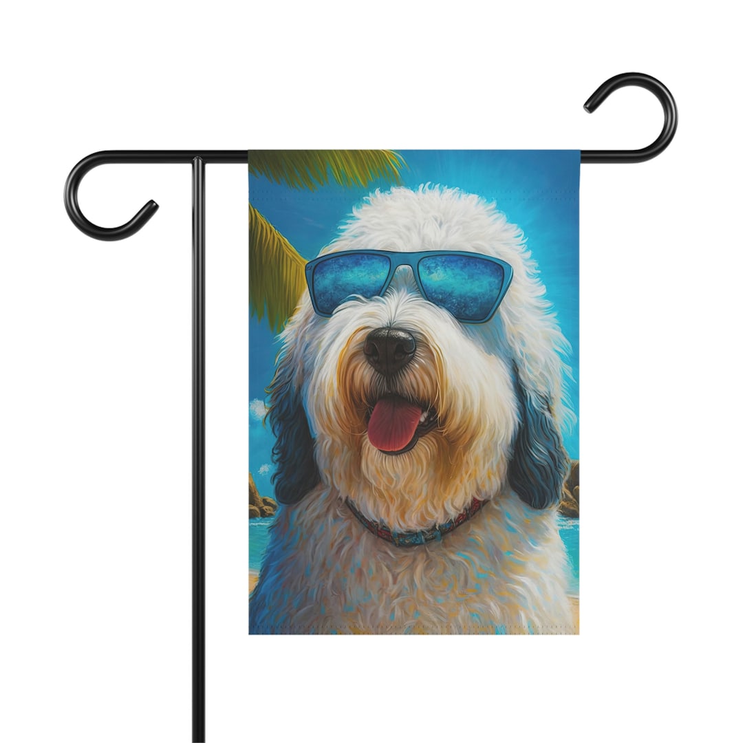 Summer Beach Day Old English Sheepdog Garden Flag | OES Double Sided ...