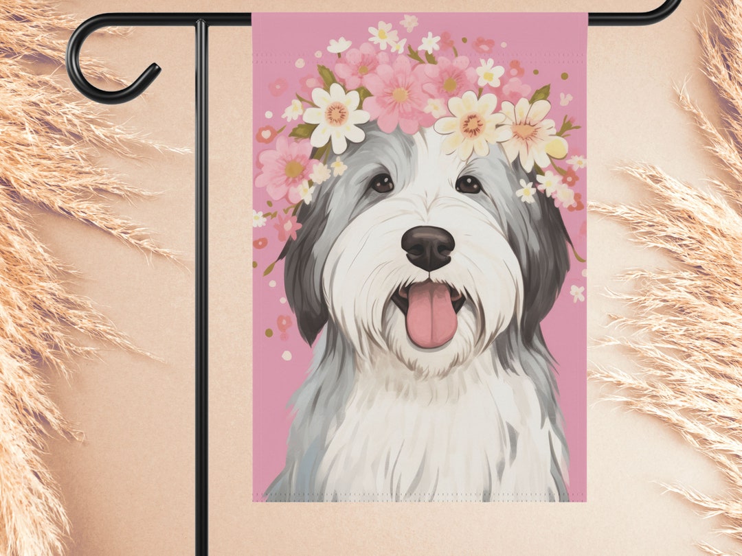 Sheepadoodle Wearing a Flower Crown Garden Flag Summer Doodle Dog Yard ...
