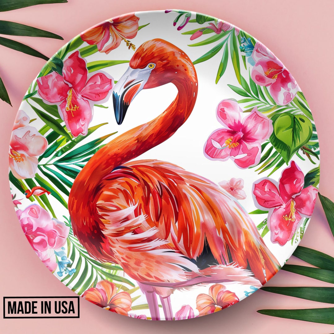 Pink Flamingo Plate Tropical Summer Dinnerware, Colorful Luau Tiki ...