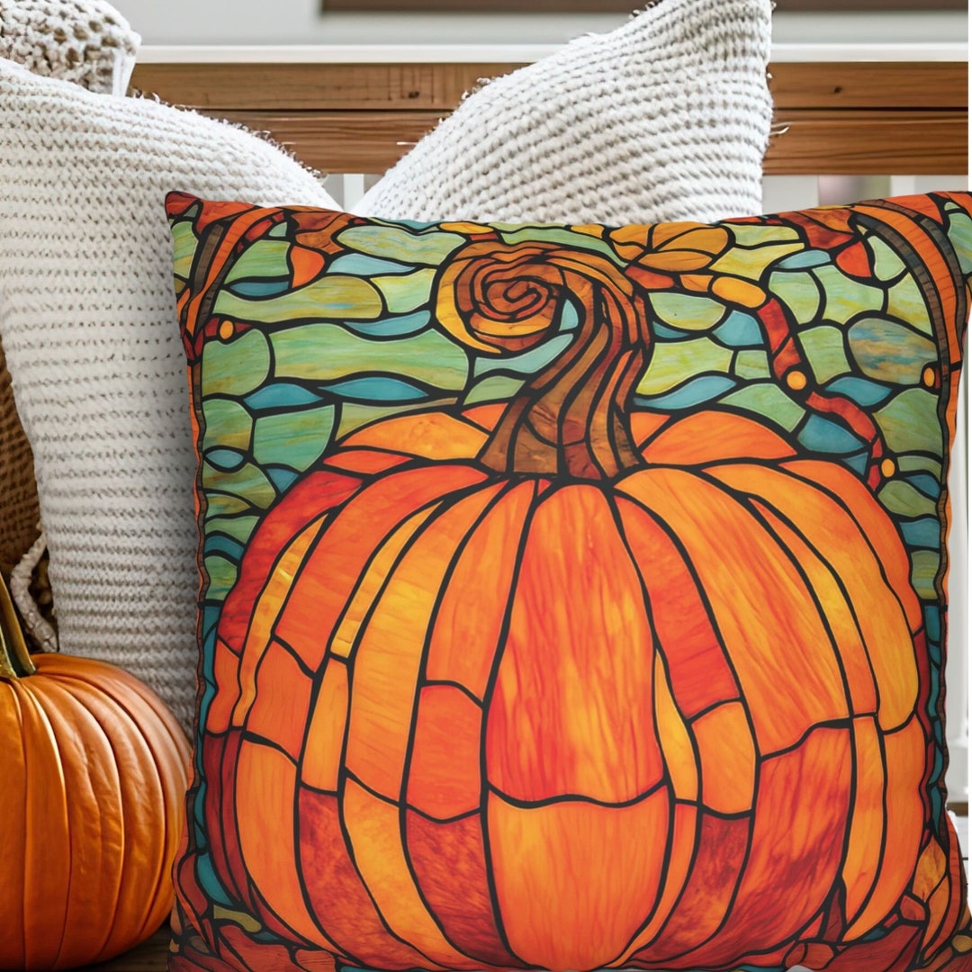 Fall Pumpkin Outdoor Pillow, Thanksgiving Porch Pillow With Stained ...