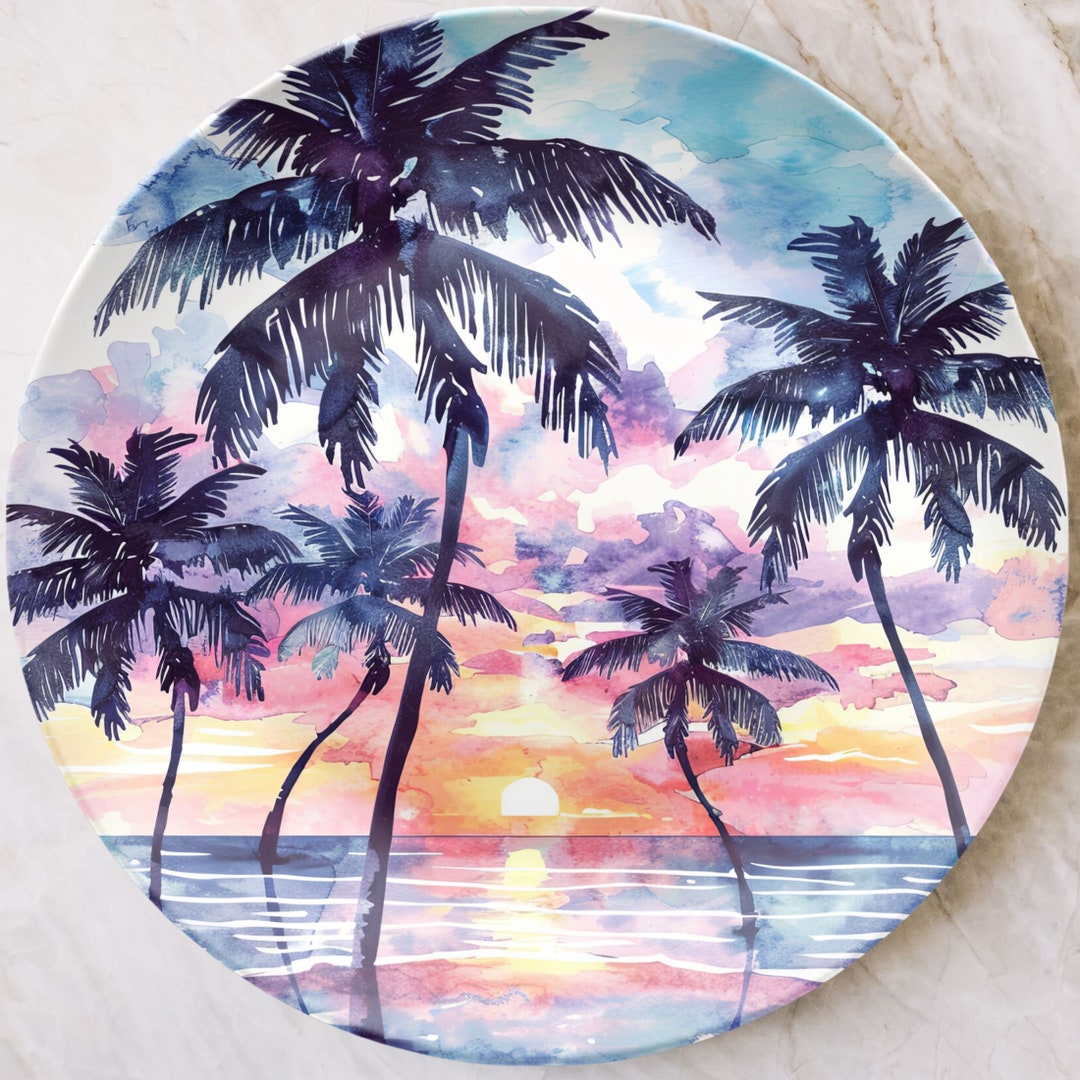 Tropical Sunset Plate Summer Dinnerware, Beach Home Ocean Sea Palm Tree ...