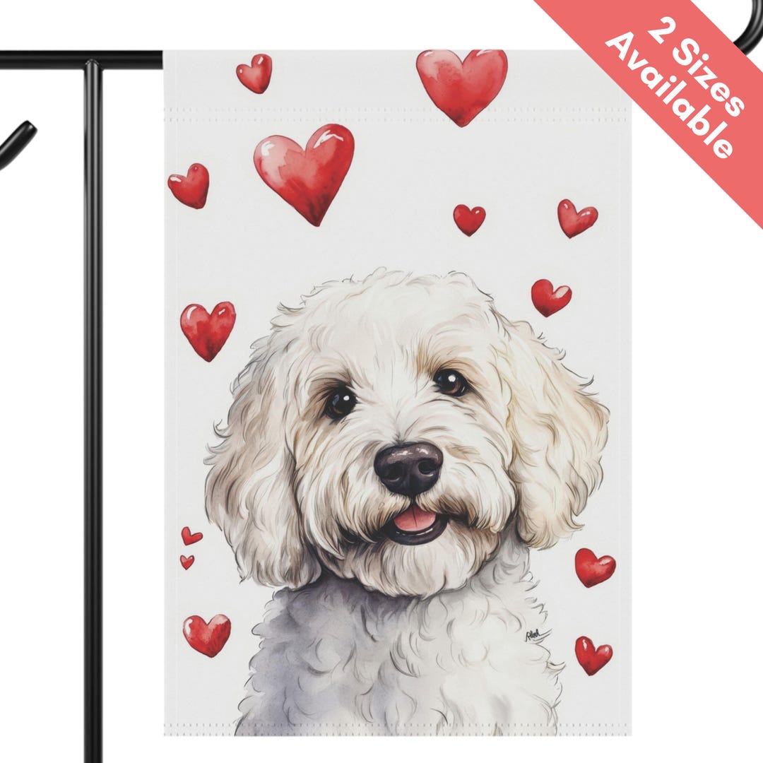 White Goldendoodle Valentines Day Garden Flag, White Labradoodle House ...