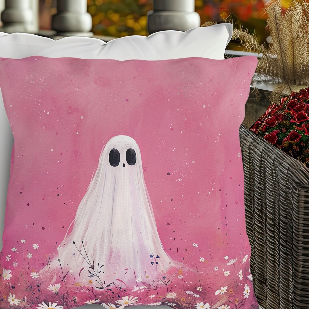 Pink Halloween Ghost Outdoor Pillow, Cute Garden Ghoul Daisy Flowers ...