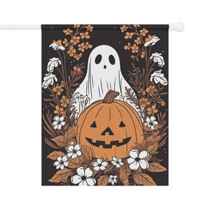 Cute Halloween Ghost Garden Flag | Boho Ghost Hippie Flower Pumpkin ...