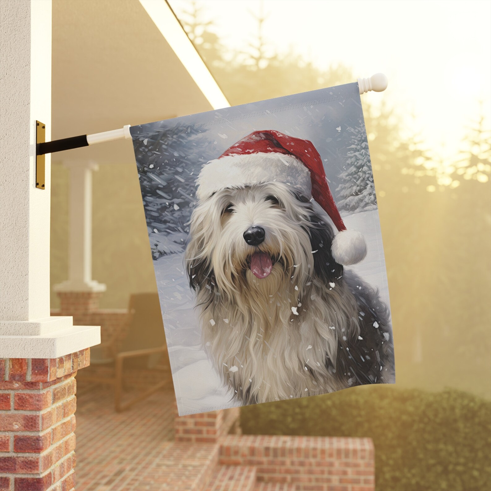 Old English Sheepdog Christmas Garden Flag, Santa Hat OES House Flag ...