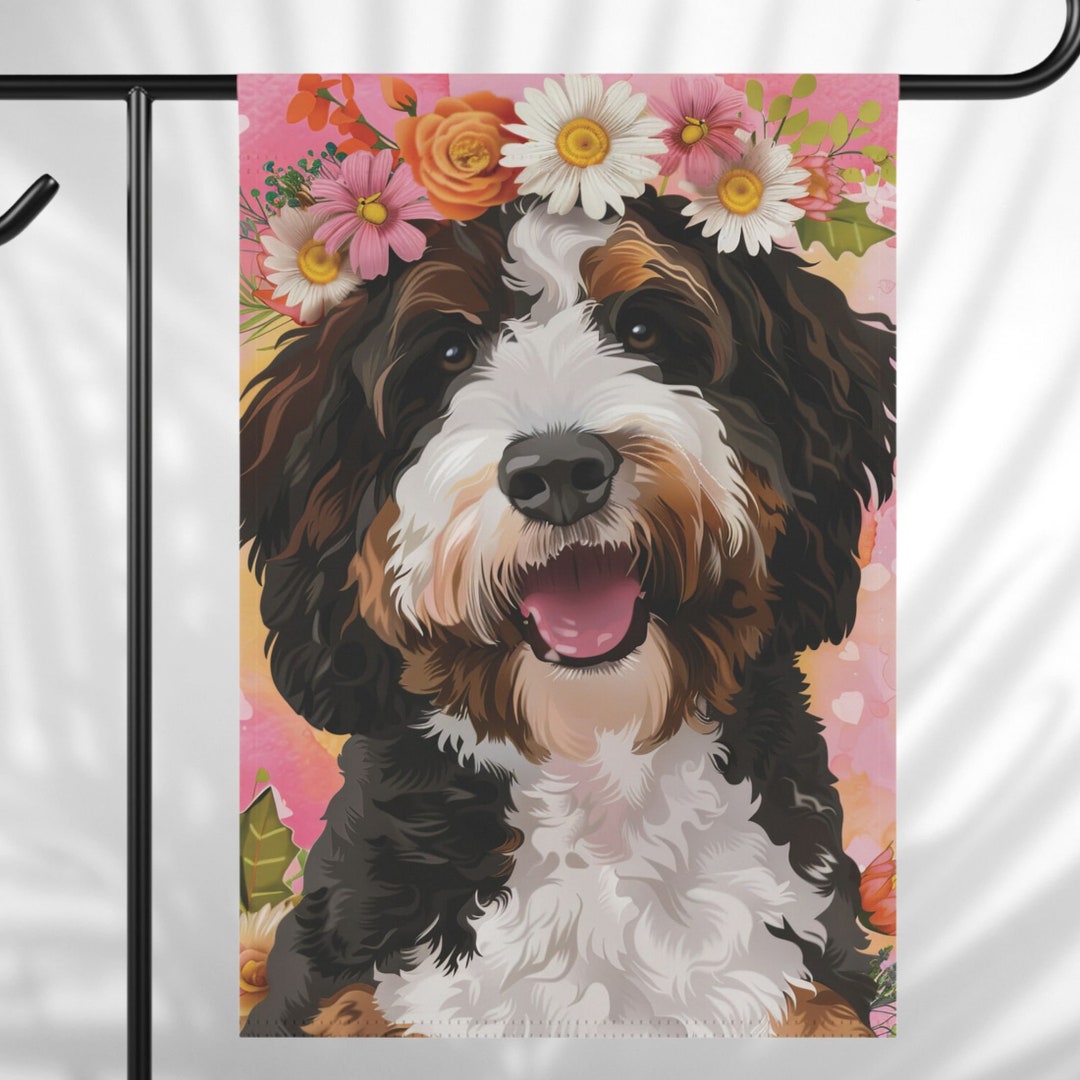Bernedoodle Spring Garden Flag, Flower Crown Tricolor Doodle Summer ...