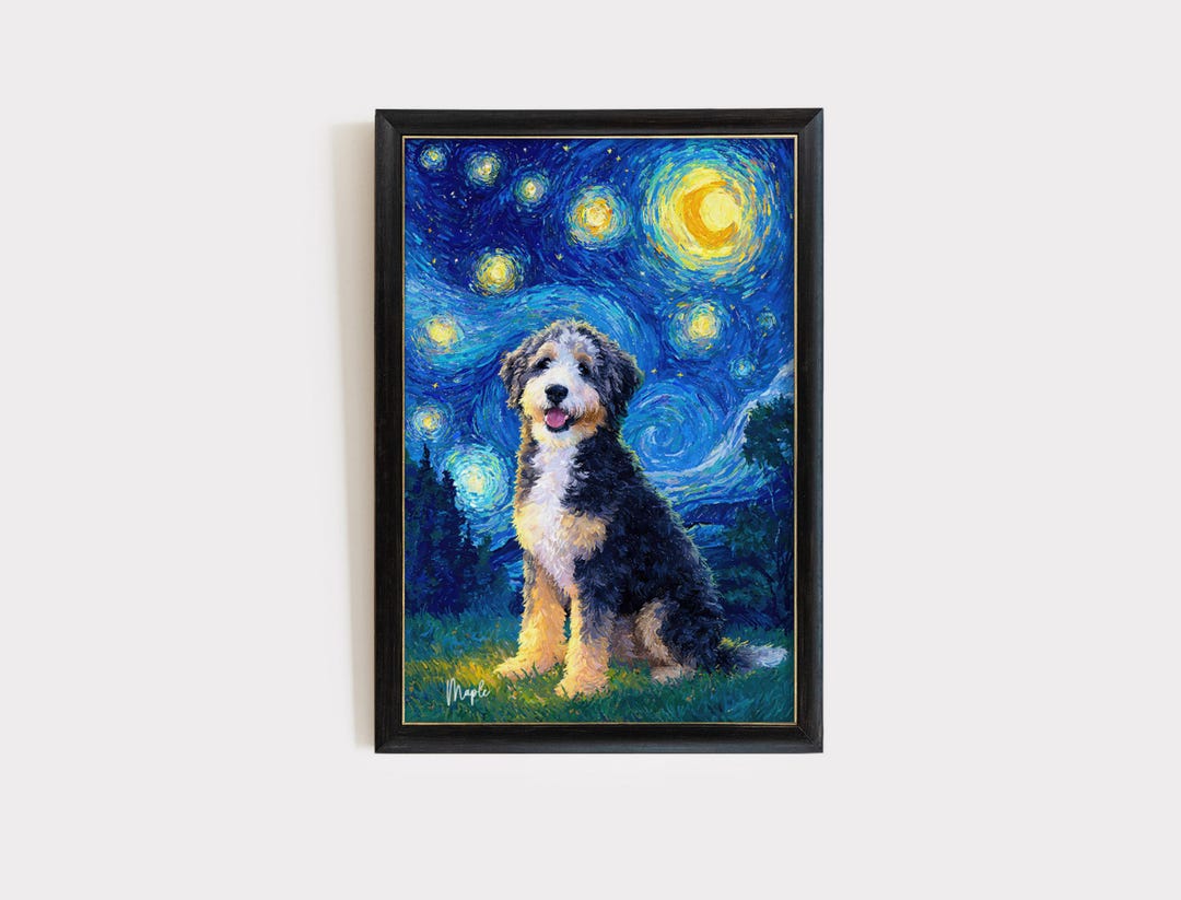 Bernedoodle Wall Art Poster, Starry Night With Personalized Name ...