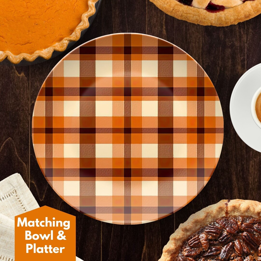 Fall Plaid Plate Thanksgiving Dinnerware, Autumn Platter Potluck Dish ...