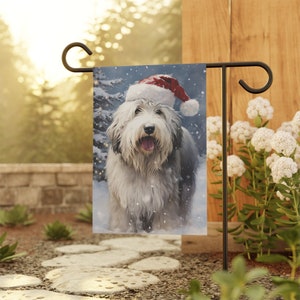 Old English Sheepdog Christmas Garden Flag, Santa Hat OES House Flag ...