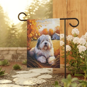 Old English Sheepdog Flag for Fall | Autumn Old English Sheepdog Garden ...
