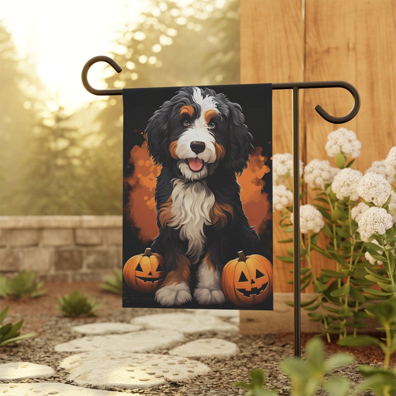 Bernedoodle Halloween Garden Flag Gift, Halloween Tri Color Doodle Yard ...