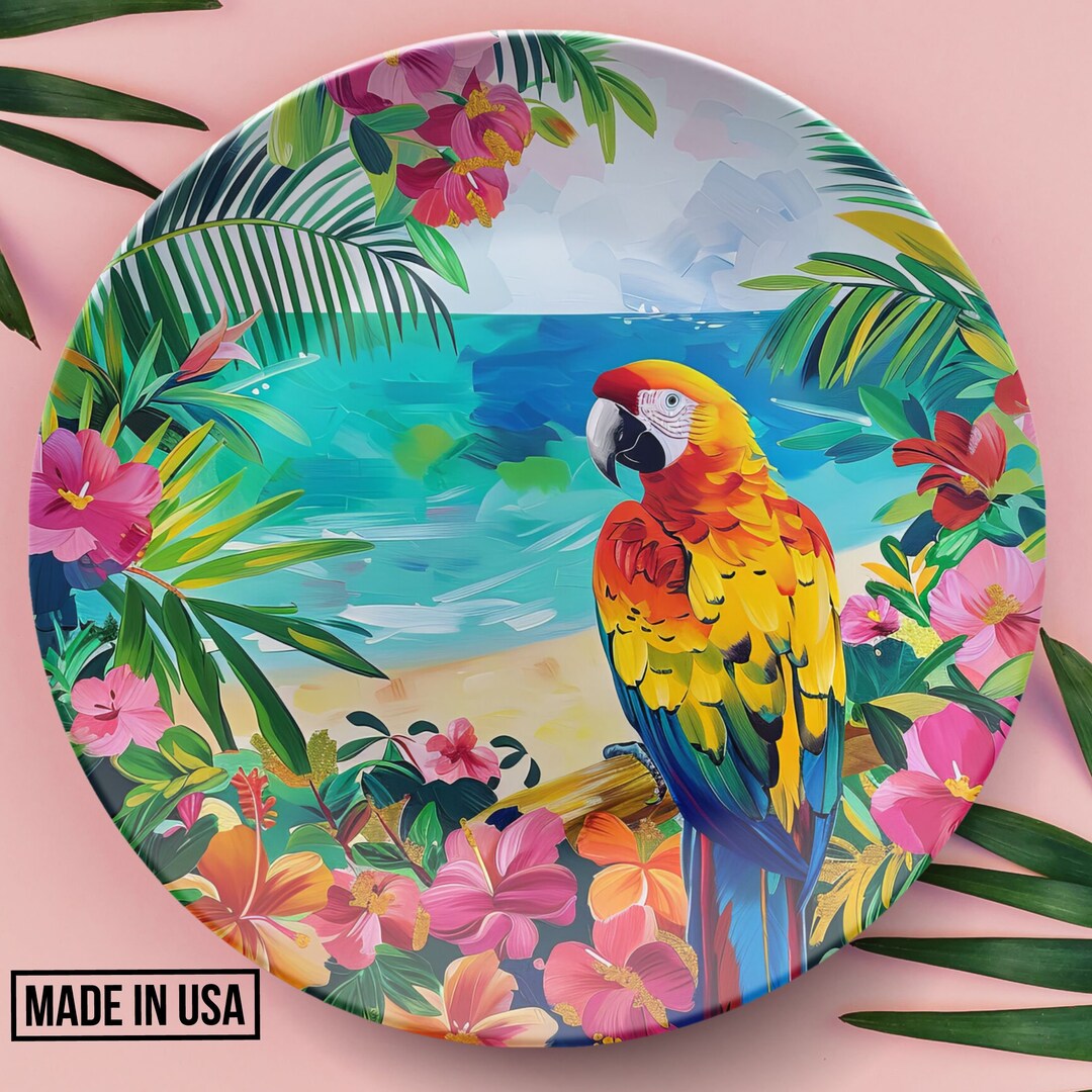 Macaw Parrot Plate Tropical Summer Dinnerware, Beach Home Luau Tiki ...