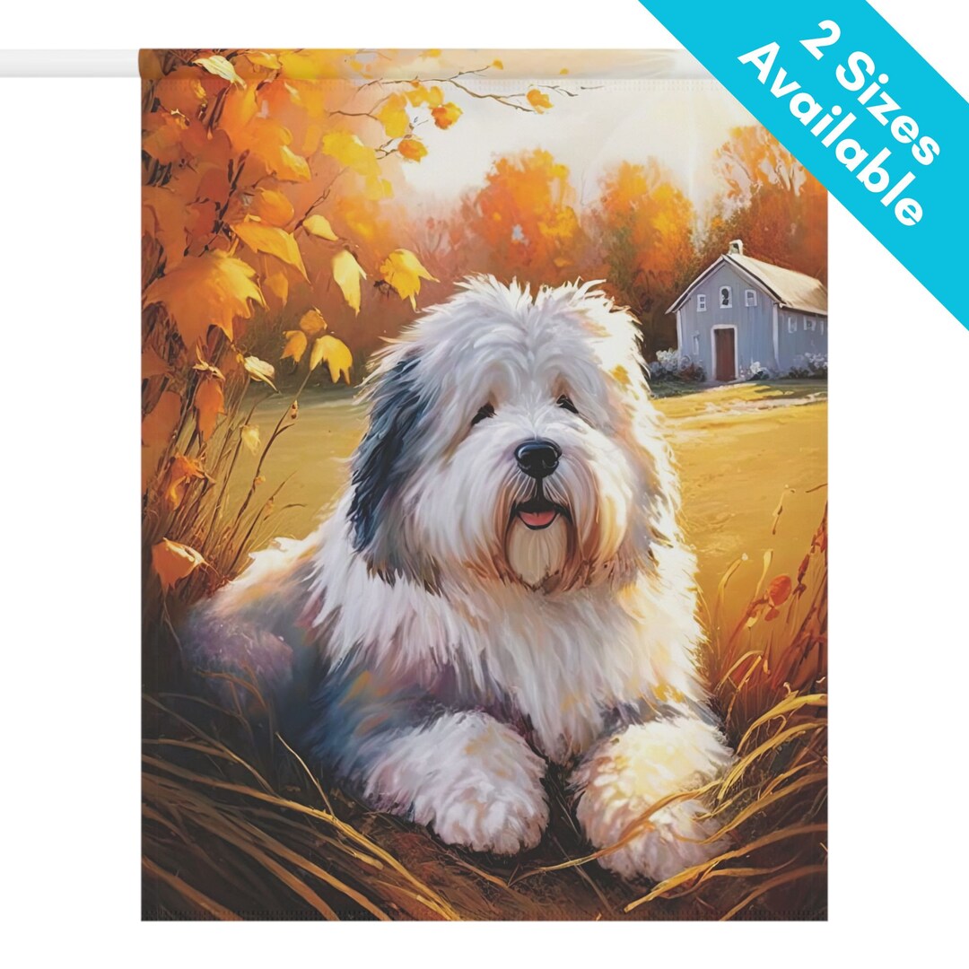 Old English Sheepdog Flag for Fall | Autumn Old English Sheepdog Garden ...