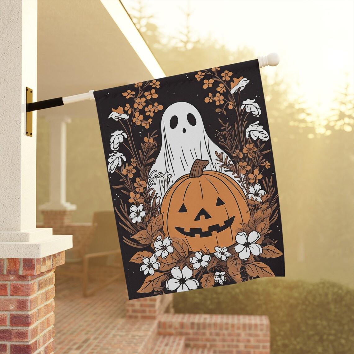 Cute Halloween Ghost Garden Flag | Boho Ghost Hippie Flower Pumpkin ...