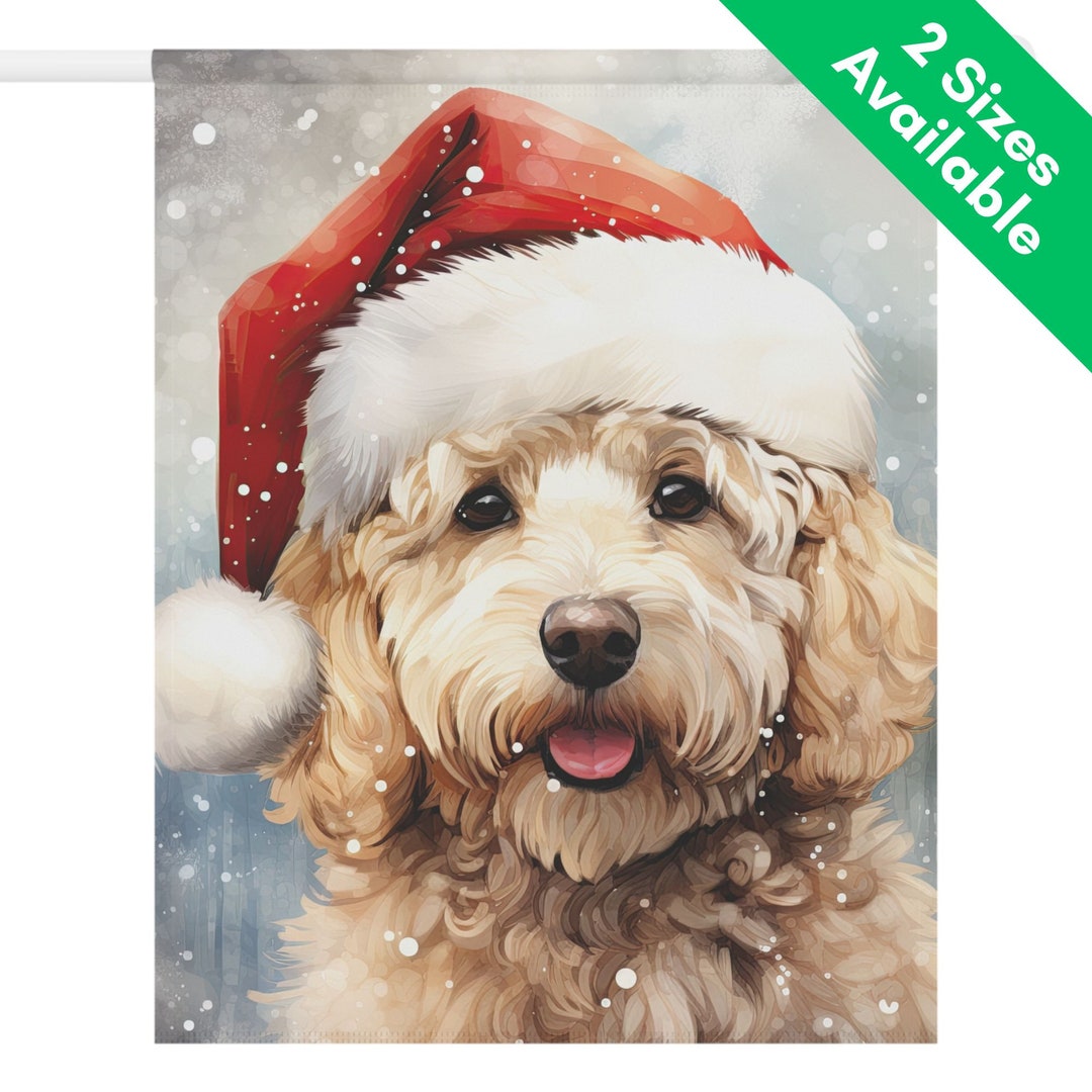 White Goldendoodle Christmas Garden Flag Gift, Santa Hat Cream ...