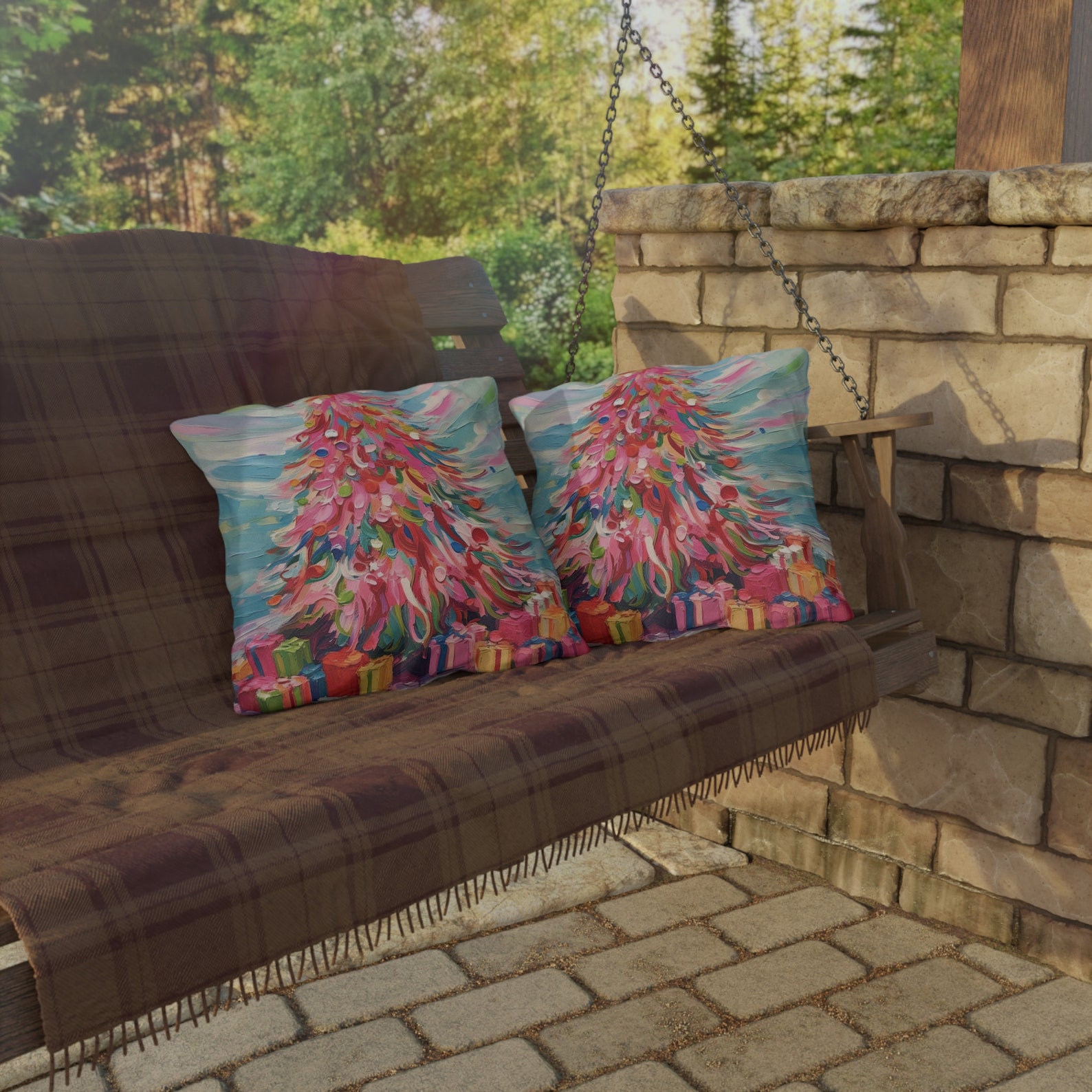 Colorful Christmas Tree Outdoor Pillow, UV Water Resistant Bench Pillow ...