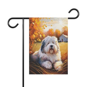 Old English Sheepdog Flag for Fall | Autumn Old English Sheepdog Garden ...