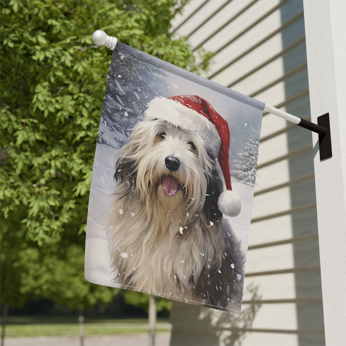 Old English Sheepdog Christmas Garden Flag, Santa Hat OES House Flag ...