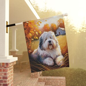 Old English Sheepdog Flag for Fall | Autumn Old English Sheepdog Garden ...