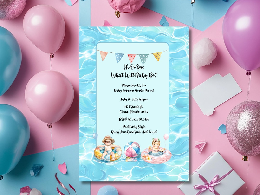 Pool Party Gender Reveal Invitation: Editable Baby Shower Invite ...
