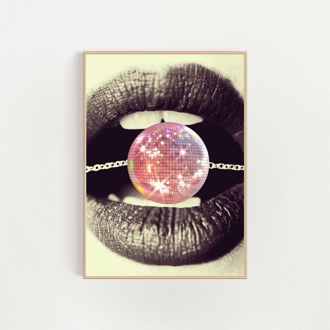 Mirrorball Disco Lips, Pink Disco Ball Poster, Girly Wall Print, Dorm ...