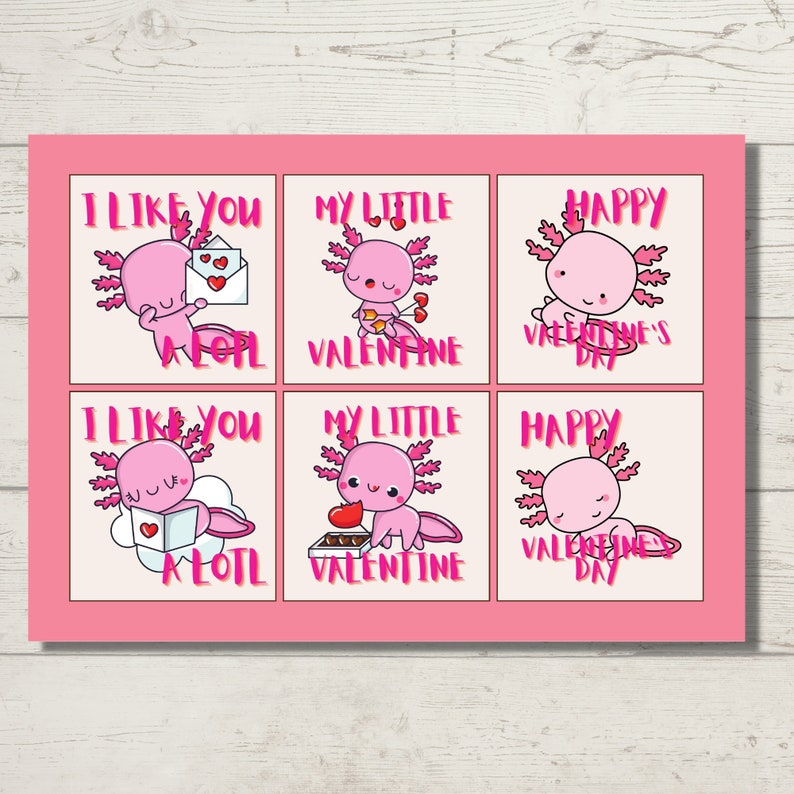 Axolotl Valentine Cards for Kids, 12 Cute Valentine Cards, Axolotl ...