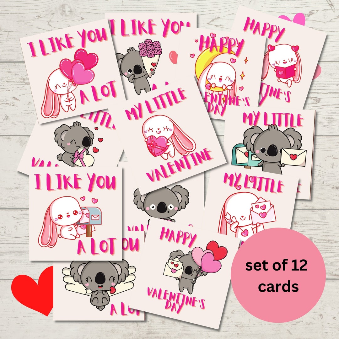 Bunny Valentine, Koala Valentine Cards for Kids, 12 Cute Valentine ...
