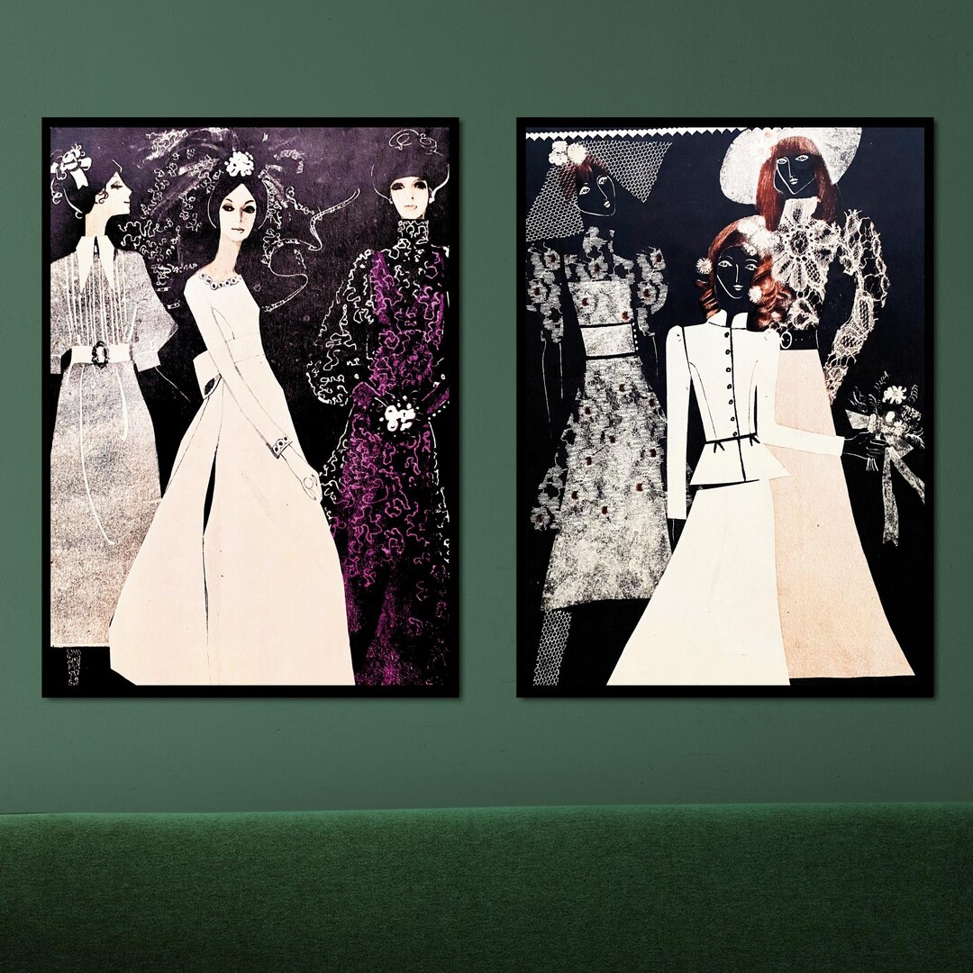 Vintage 60s Fashion Wedding Poster Magazine Illustration Wedding Dress ...