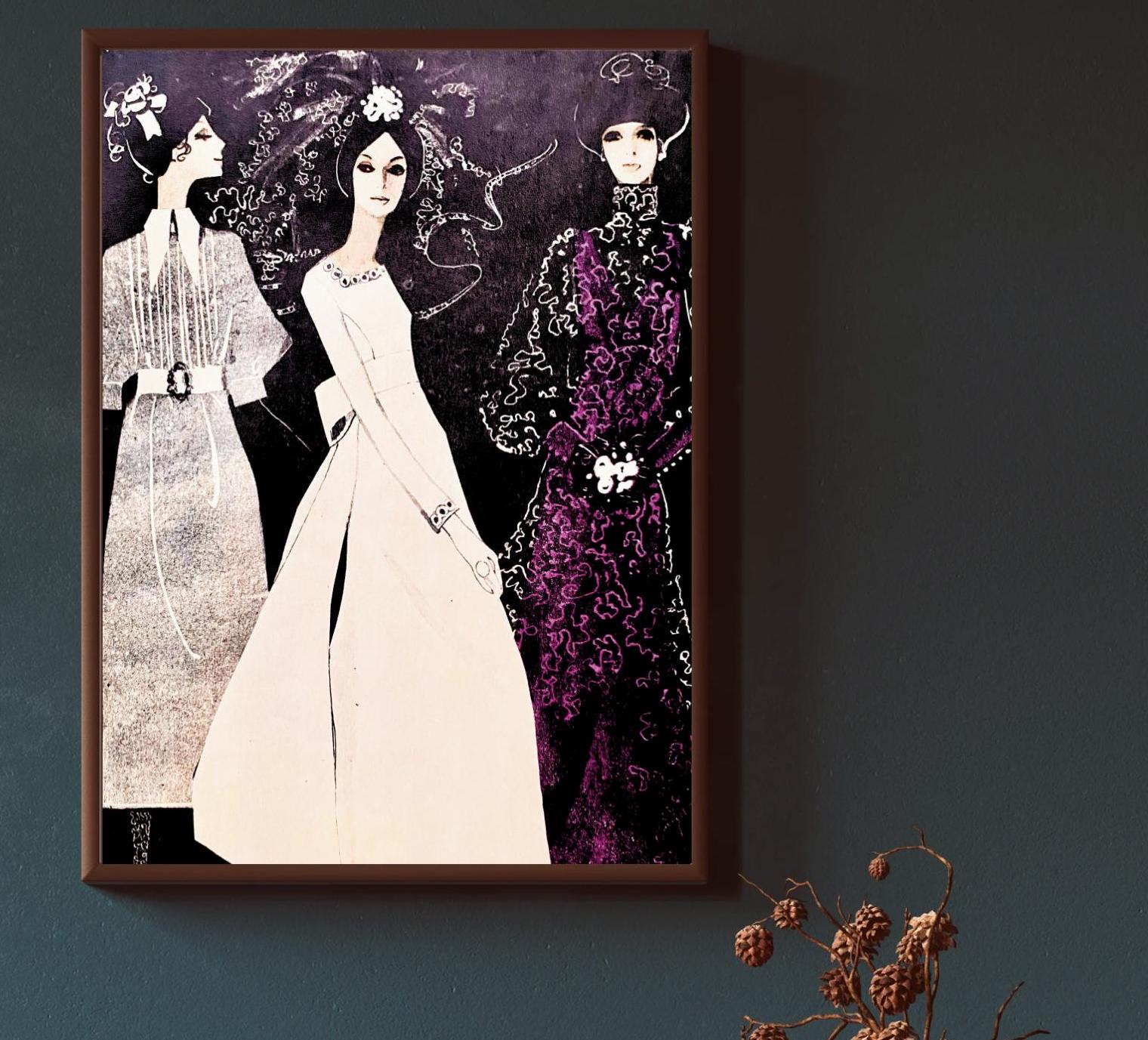Vintage 60s Fashion Wedding Poster Magazine Illustration Wedding Dress ...