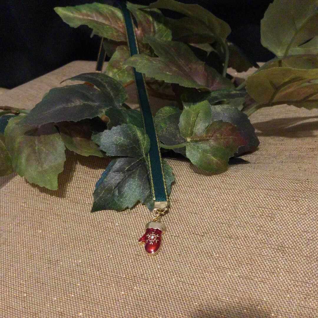 11" Green/gold Ribbon Bookmark With Red Mitton Charm - Etsy