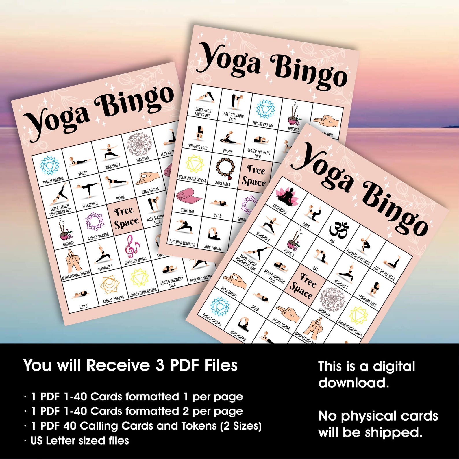 40 Yoga Bingo Cards, 1 or 2 per Page, Fun Party Game, Yoga Class ...
