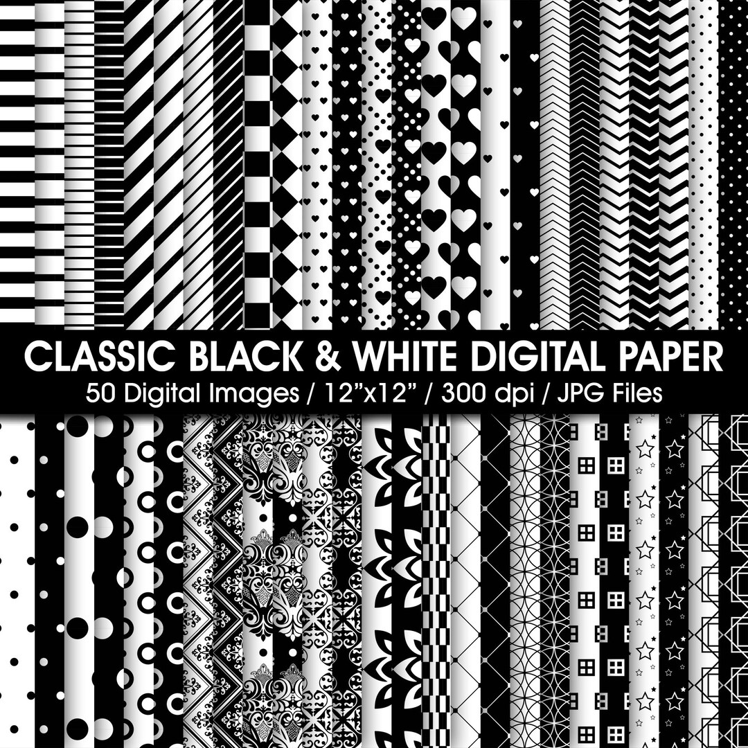 50 Classic Black & White Seamless Pattern Digital Papers, Printable ...