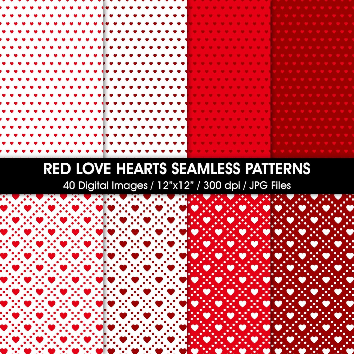 40 Red Love Hearts Seamless Pattern Digital Papers, Printable Scrapbook ...