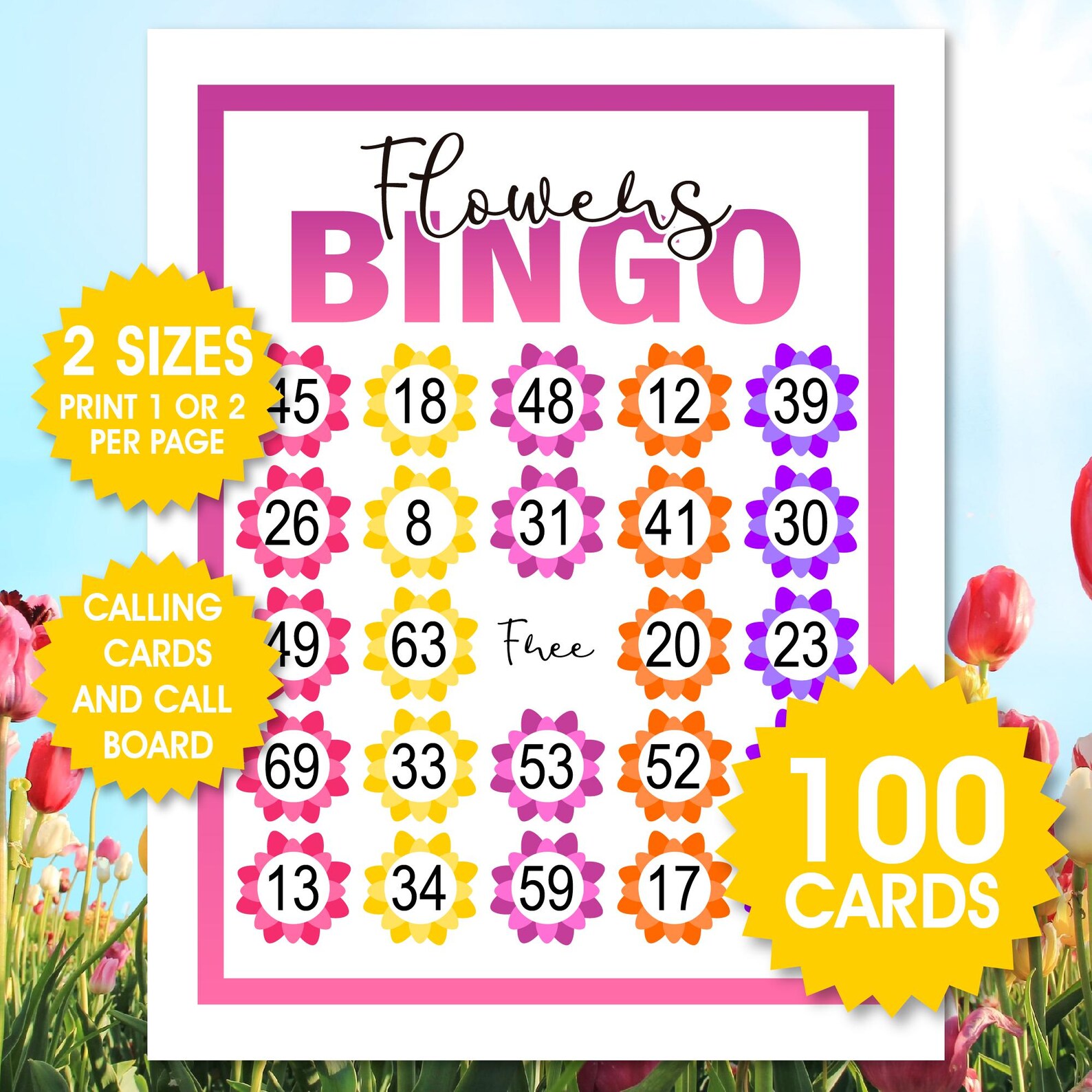 Flowers Bingo Game, 100 Cards, Spring Party Game, Spring Bingo Cards ...