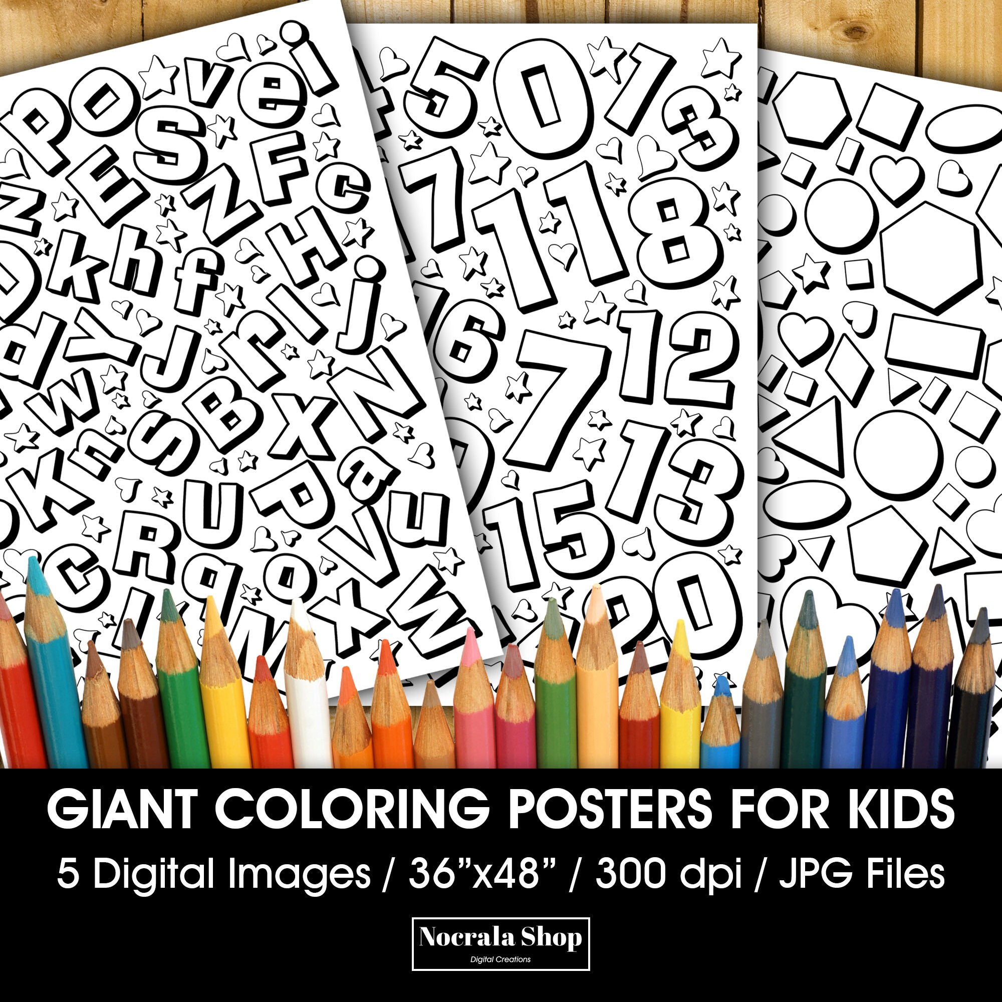 5 Giant Coloring Poster for Kids, Alphabet Numbers and Geometric Shapes ...