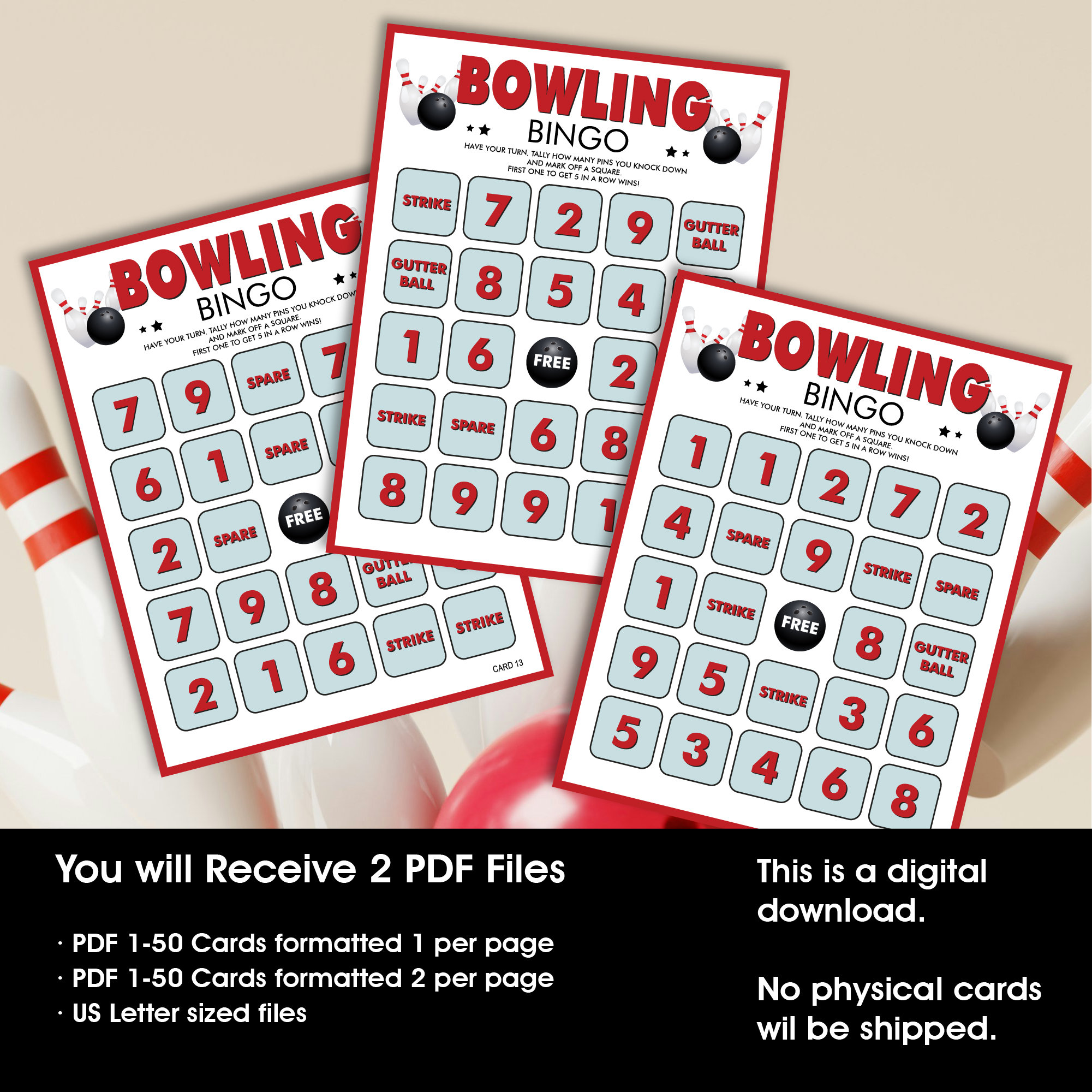 50 Bowling Bingo Cards, Bowling Party Game, Kid's Printable Bowling ...