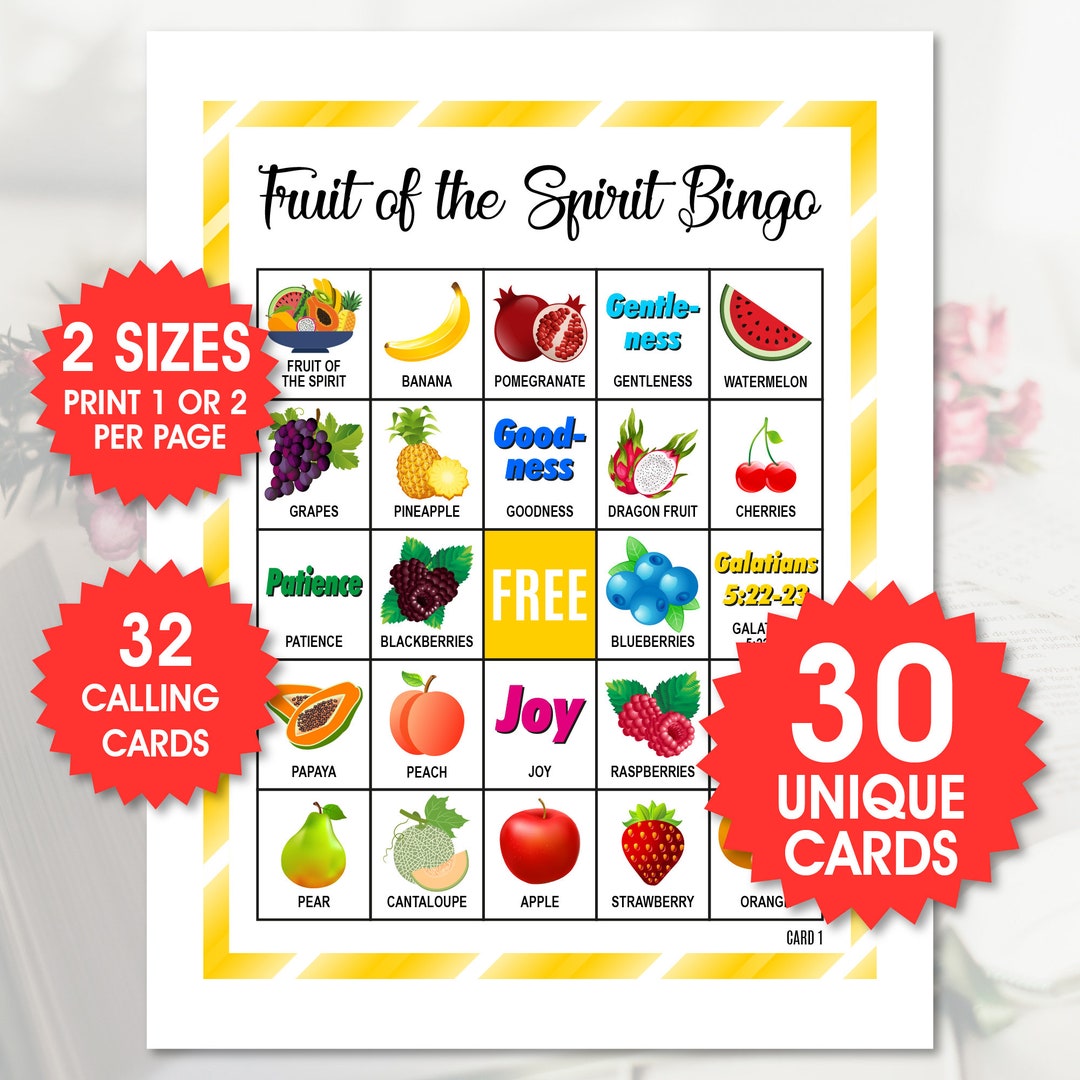 30 Fruit of the Spirit Bingo Cards, 1 or 2 per Page, Bible Game, Fruit ...