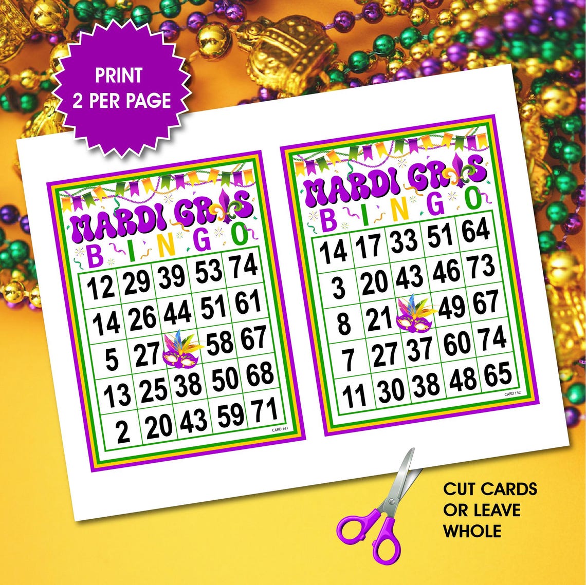 100 Mardi Gras Bingo Cards, 1, 2 or 4 per Page, Mardi Gras Bingo Game ...