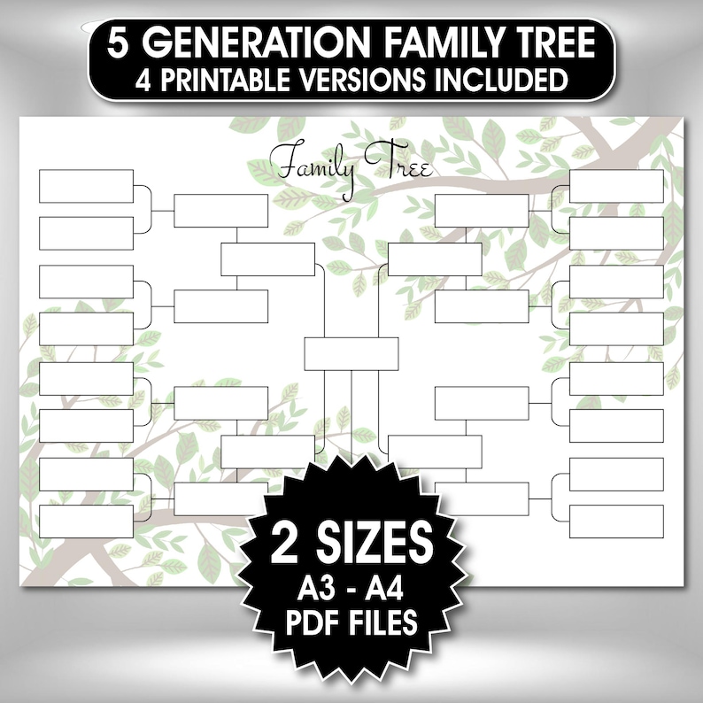 5 Generation Family Tree Chart, Genealogy Pedigree Template (PDF ...