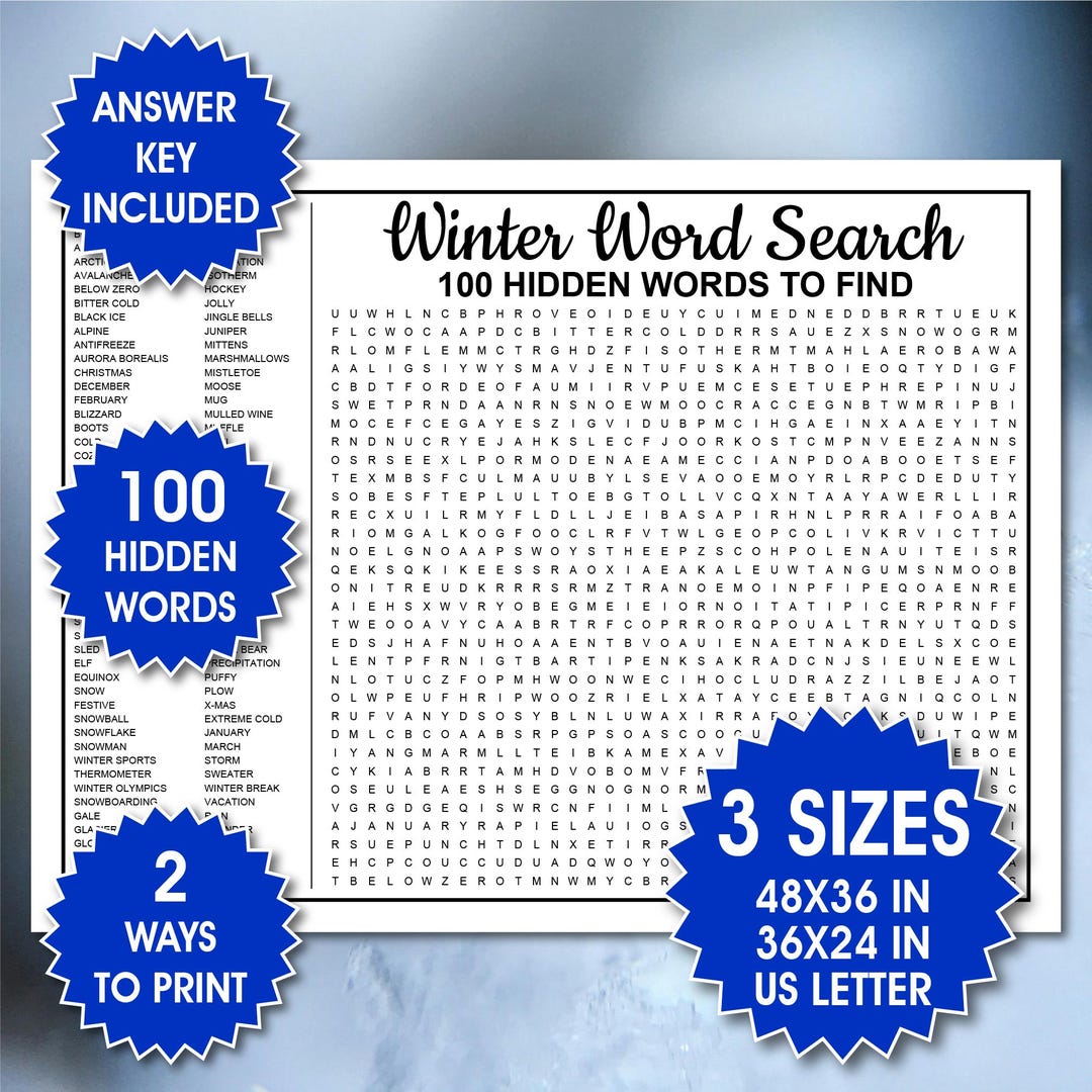 Giant Winter Word Search, Winter Fun Game, Printable Winter Word Search ...